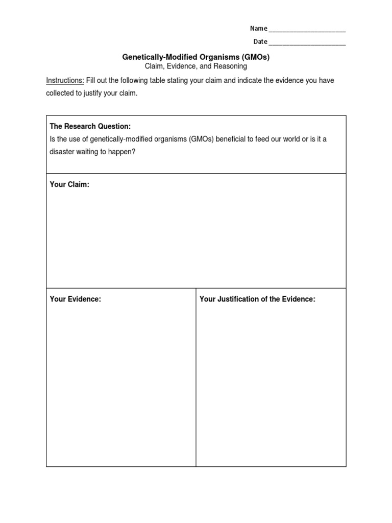 Gmos Claim Evidence and Reasoning - Graphic Organizer | PDF