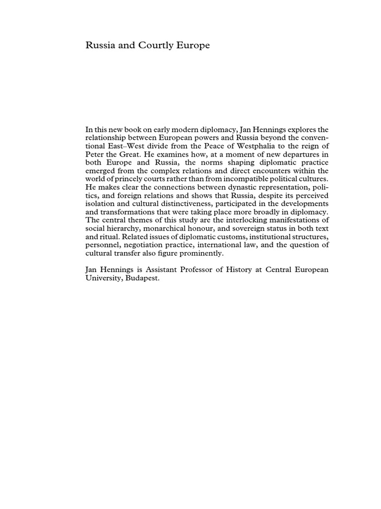 Russia and Courtly Europe: Ritual and The Culture of Diplomacy, 1648 ...