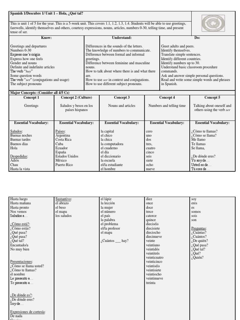 Final sp1 Unit 1 Essential Hola Que Tal | PDF | Languages