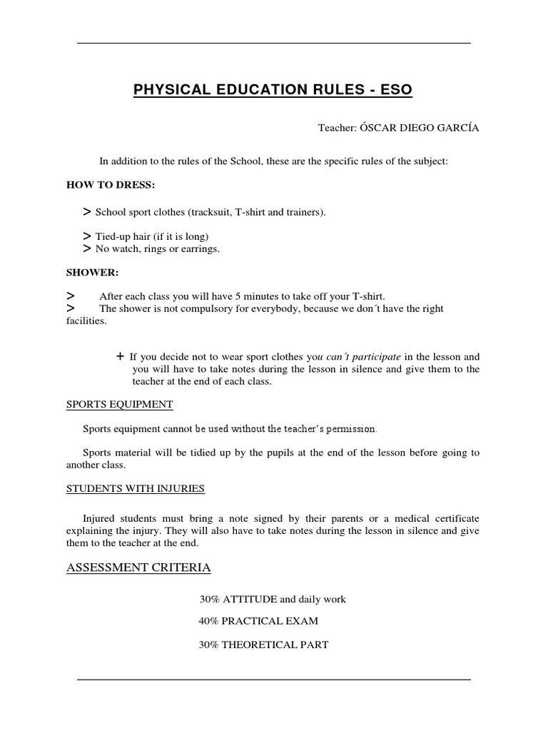 Physical Education Class Rules - ESO | PDF