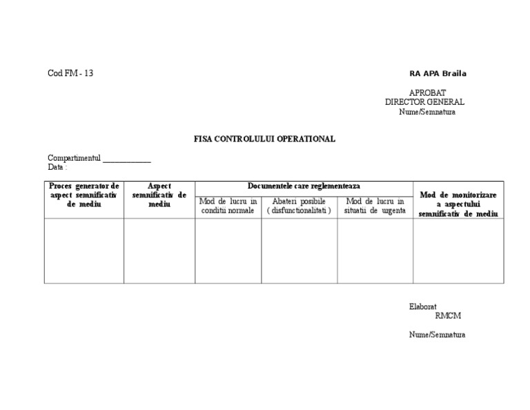 Formular de Mediu Fisa Control Operational | PDF