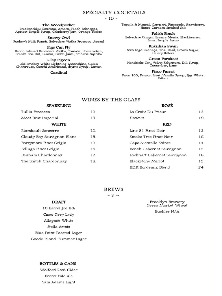 Woodpecker Drink Menu | PDF | Drink | Alcoholic Drinks