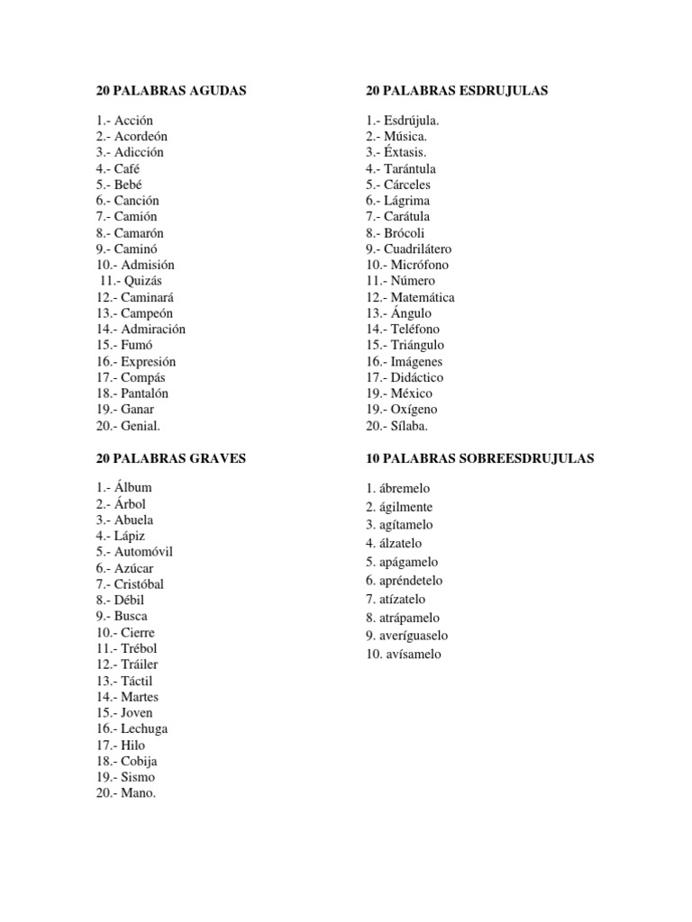 20 Palabras Agudas | PDF