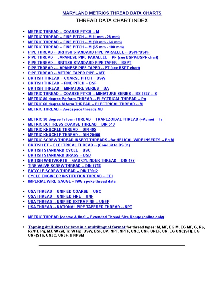 Data Chart For Threads by Maryland PDF | PDF | Tools | Metalworking