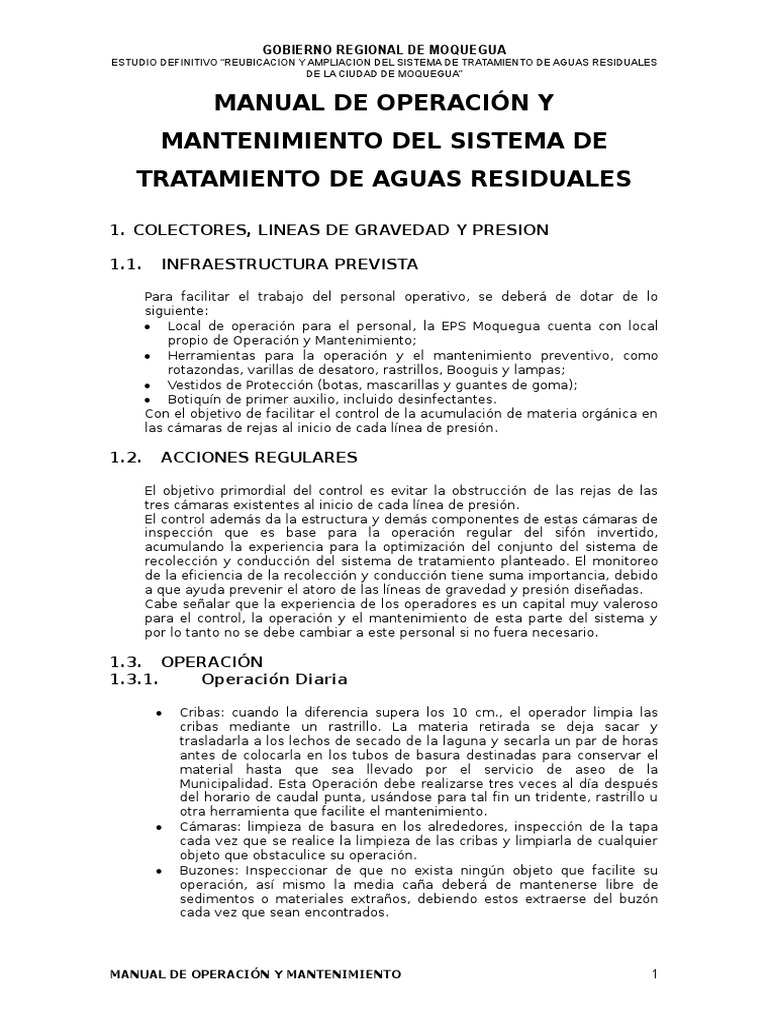 Manual de Operación y Mantenimiento Del Sistema de Tratamiento de Aguas Residuales | PDF | Aguas ...