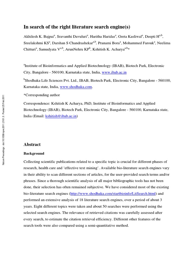 In Search of The Right Literature Search Engine(s) : WWW - Ibab.ac - in ...