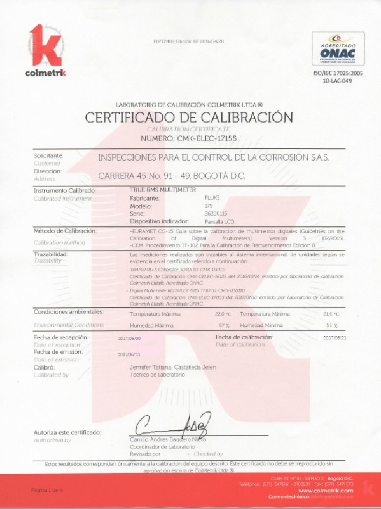 Certificado de Calidad Multimetro | PDF