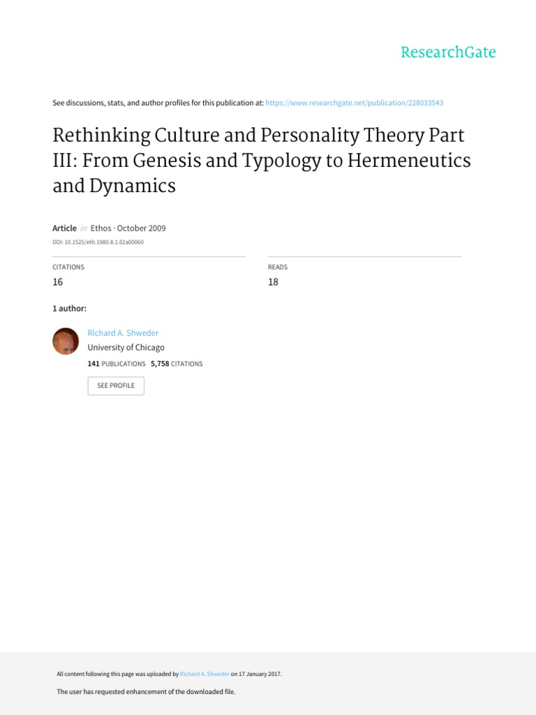 Rethinking Culture and Personality Theory Part III: From Genesis and ...