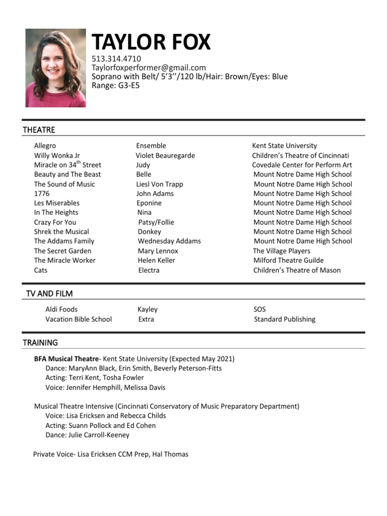 Taylor Fox Resume | PDF | Theatre | Leisure