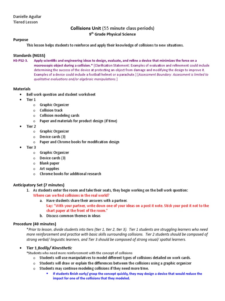 Collisions Unit (55 Minute Class Periods) : 9 Grade Physical Science ...