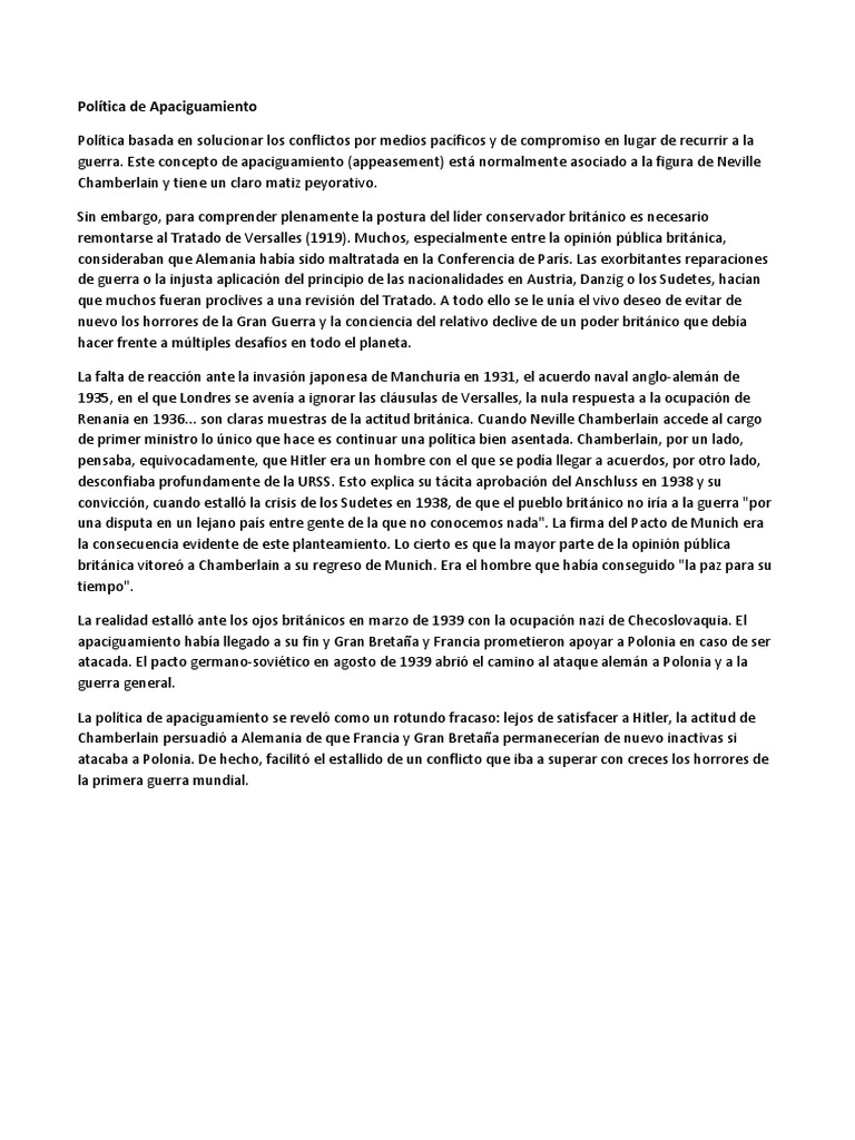 Política de Apaciguamiento | PDF | Neville Chamberlain | Guerra de la ...