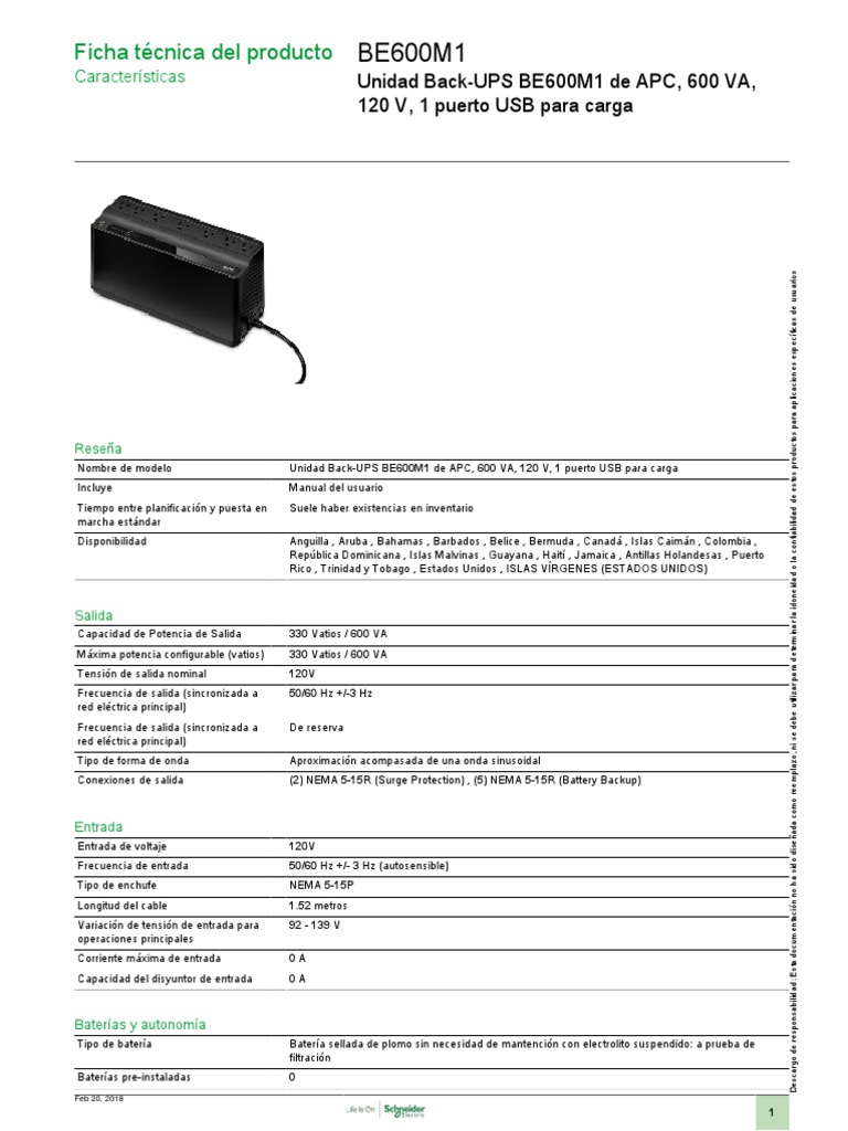 Back-Ups Be600m1 Apc | PDF | Bateria (eletricidade) | USB
