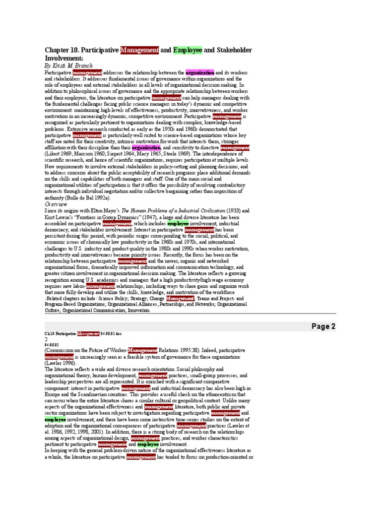 Participative Management and Employee and Stakeholder Ok, Chapter of Book | PDF | Employment ...