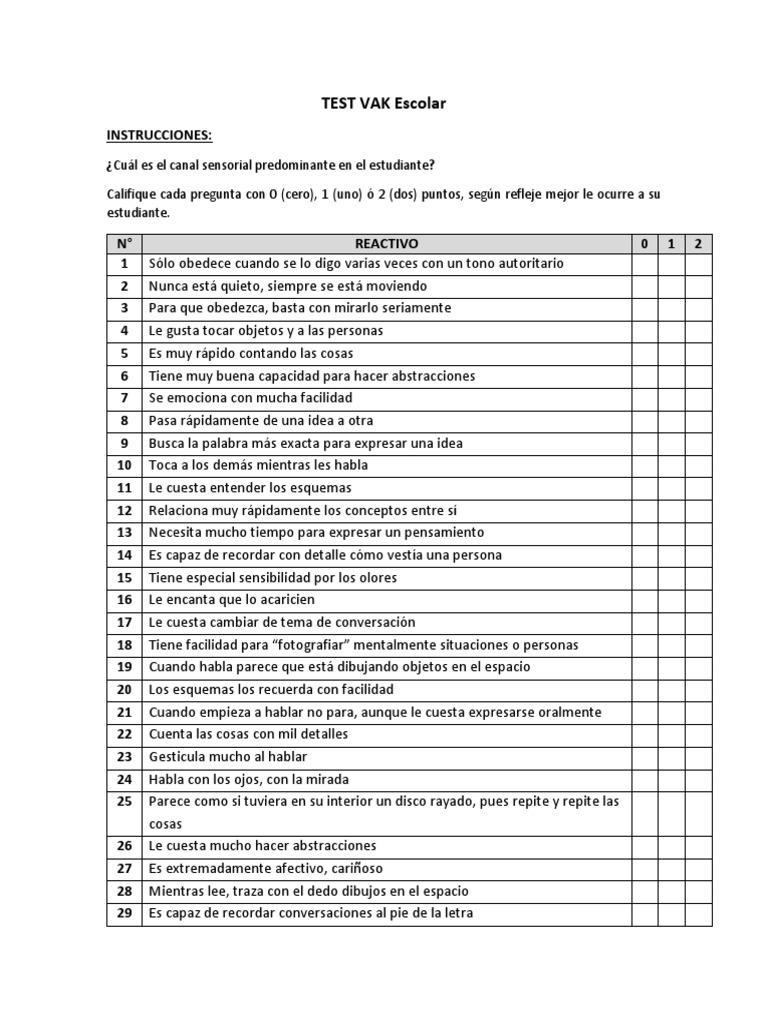 Test VAK Escolar | PDF | Memória | Ciência cognitiva