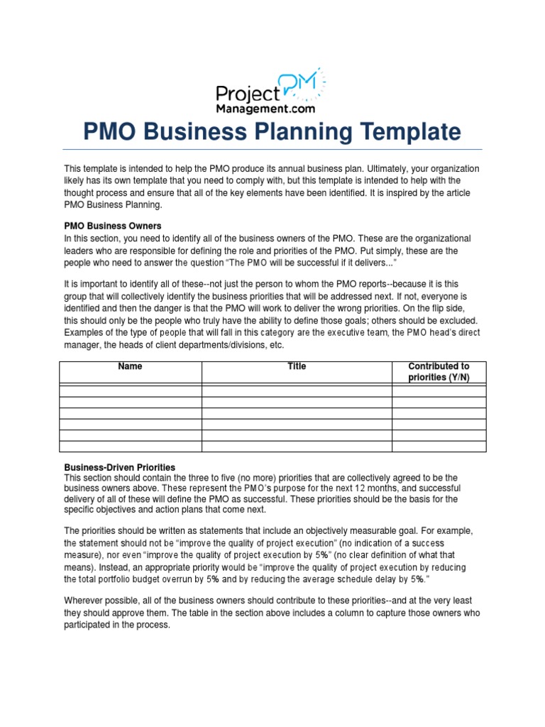 PMO Business Planning Template | PDF | Goal | Project Management