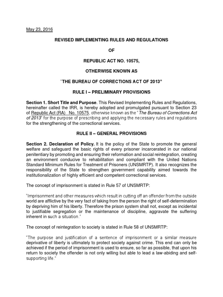 Revised Implementing Rules And Regulations Of The Bureau Of Corrections