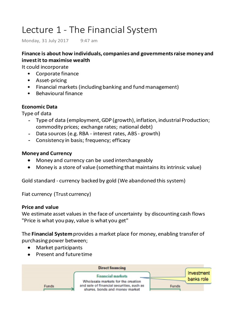 Lecture 1 - The Financial System | PDF | Financial Markets | Money
