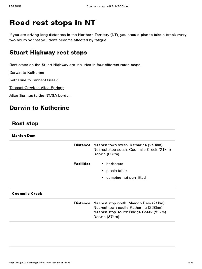 Road Rest Stops in NT - NT - gov.AU | PDF | Road Transport | Transport ...