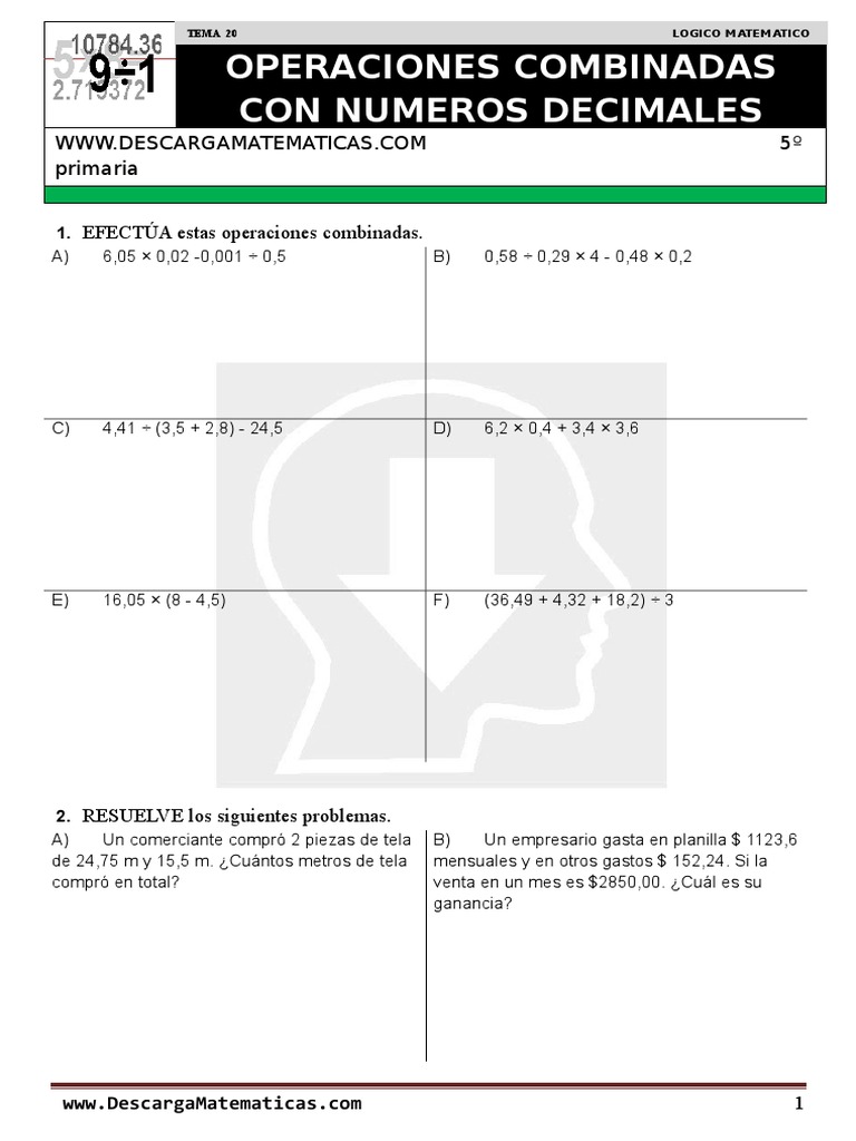 20 Operaciones Combinadas Con Decimales Quinto de Primaria | PDF ...