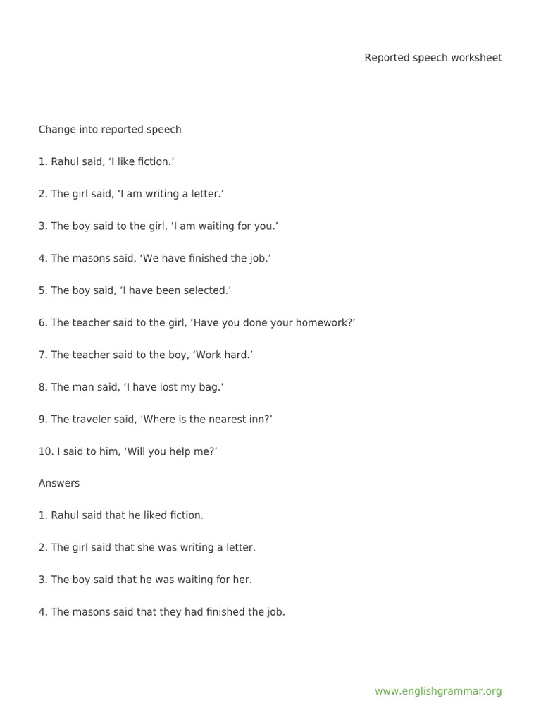 Reported Speech Worksheet | PDF