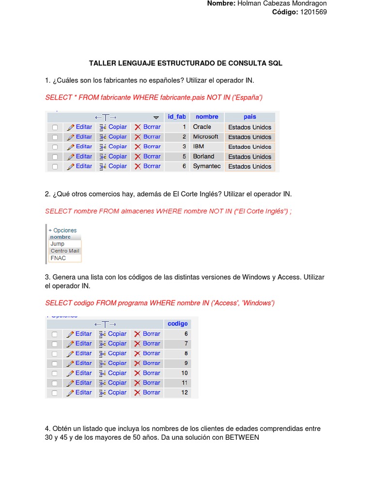 Taller Lenguaje Estructurado de Consulta SQL | PDF | SQL | Software