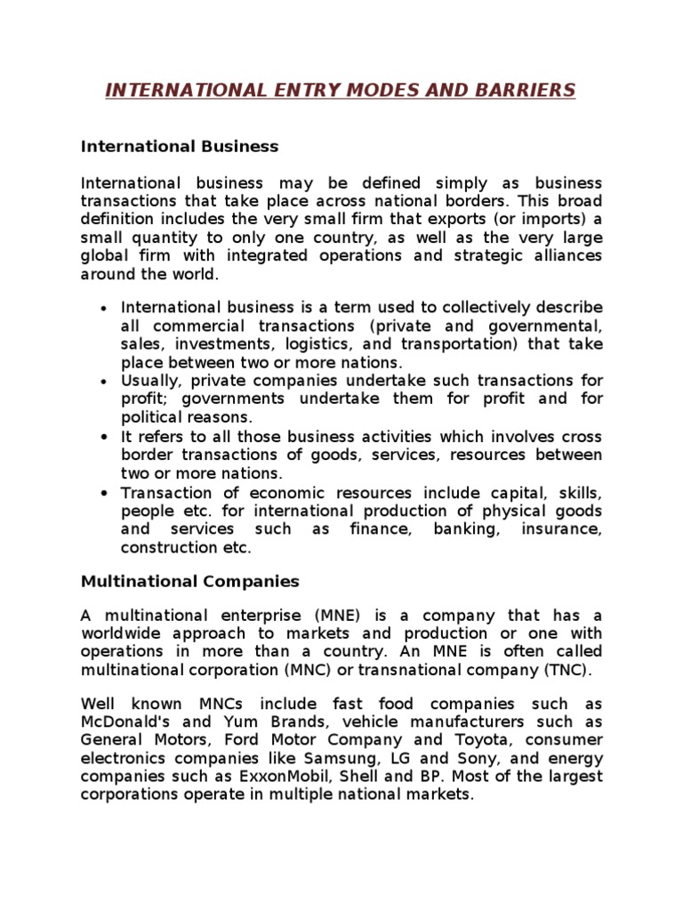 International Entry Modes and Barriers | PDF | Subsidiary | Mergers And ...