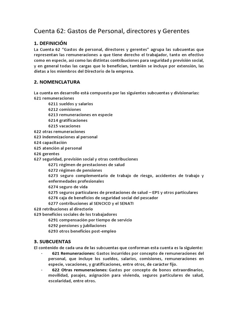 Cuenta 62: Gastos de Personal y Directores | PDF | Bancos | Salario