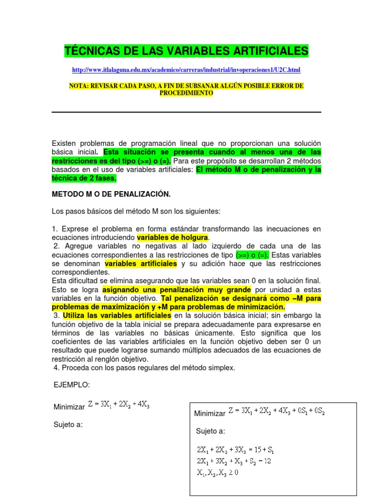 Técnicas de Las Variables Artificiales | PDF | Programación lineal | Análisis matemático