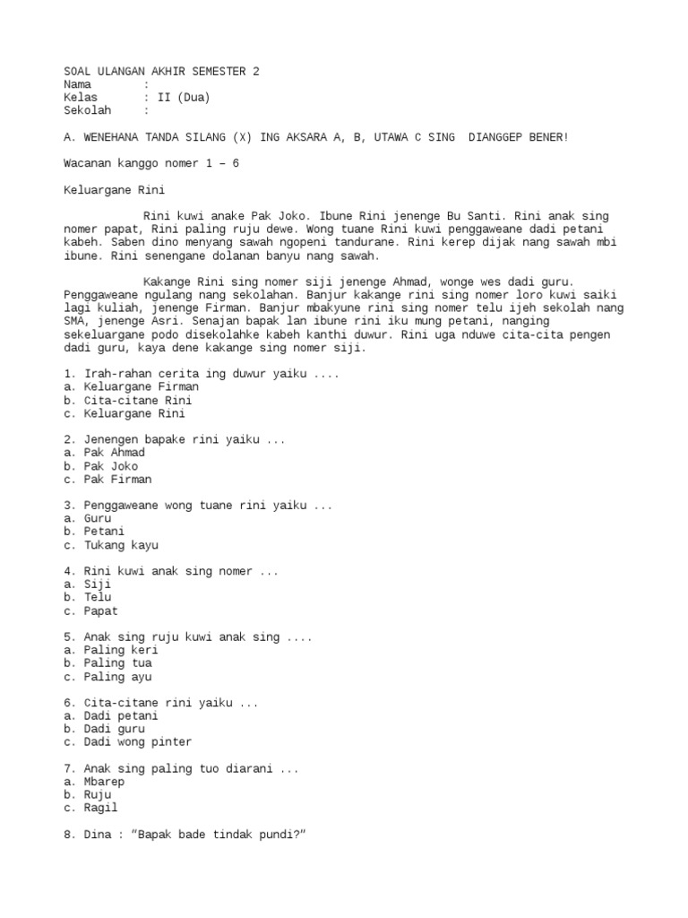 Soal UAS Bahasa Jawa Kelas 2 SD Dan Kunci Jawabannya | PDF | Griya & Taman