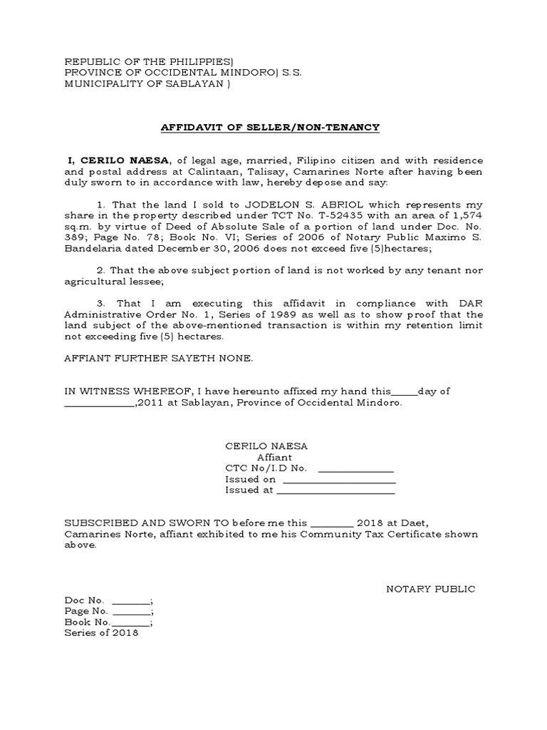 Affidavit of Tenancy | PDF | Affidavit | Law And Economics