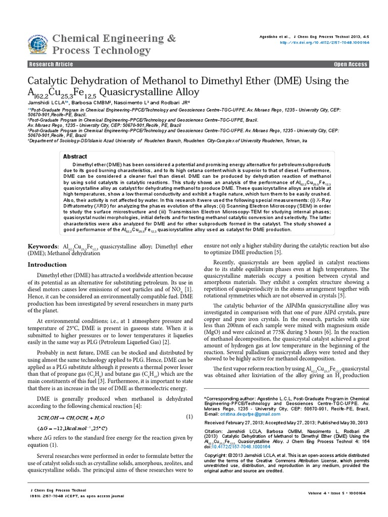 Catalytic Dehydration of Methanol To Dimethyl Ether Dme Using The ...
