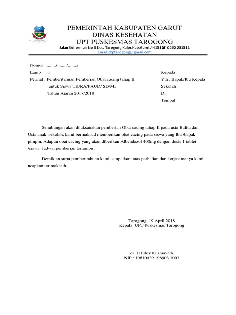 Surat Pemberitahuan Obat Cacing | PDF