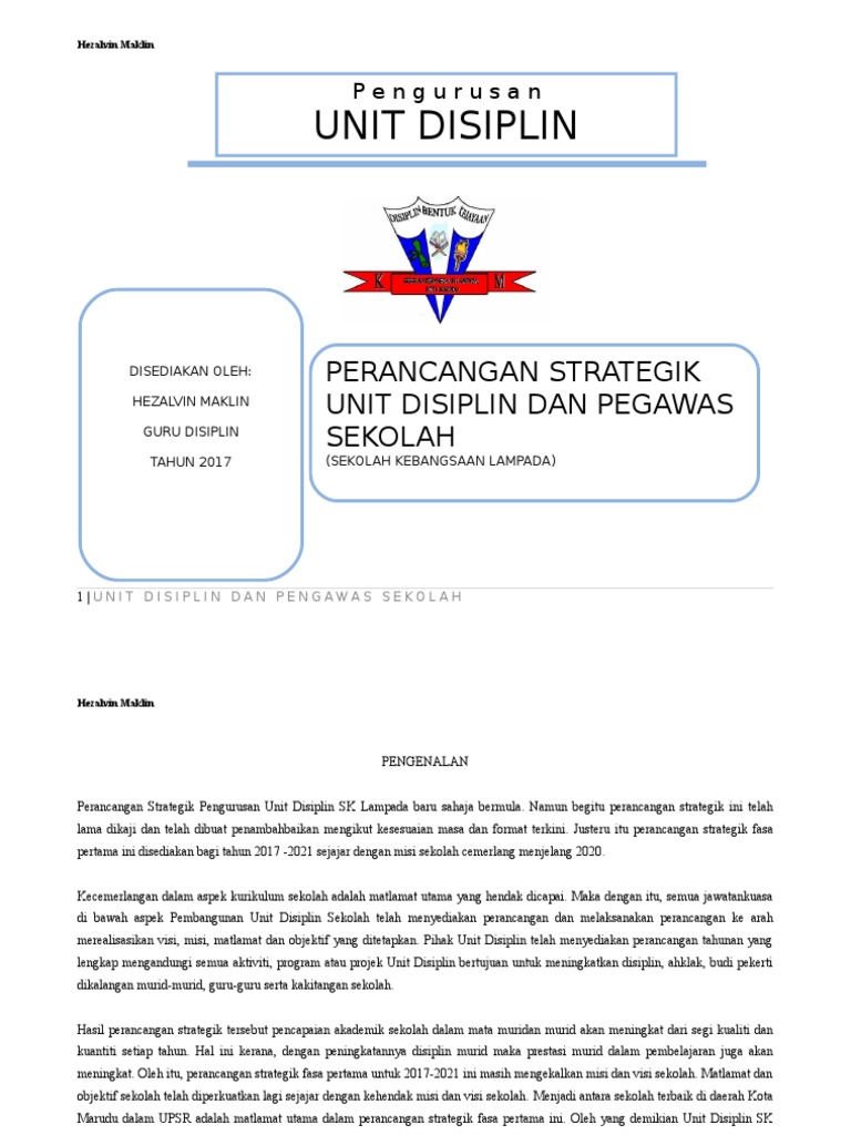 Pelan Strategik Unit Disiplin Dan Pengawas Sekolah SK Lampada 2017 | PDF
