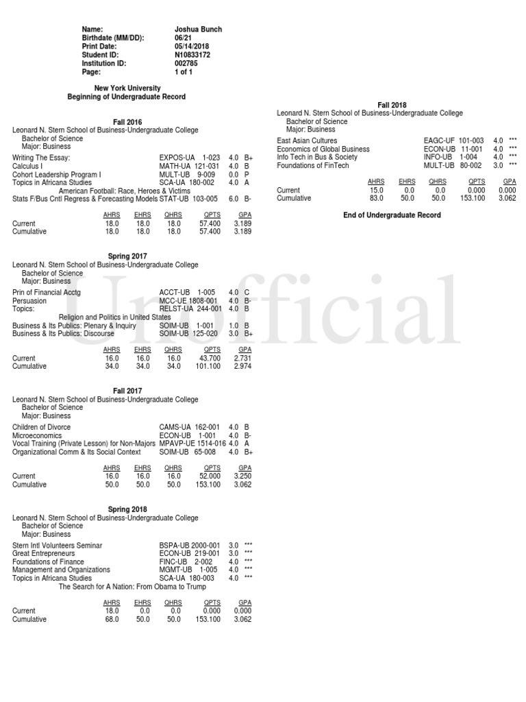 Nyu Transcript 2018 Pdf