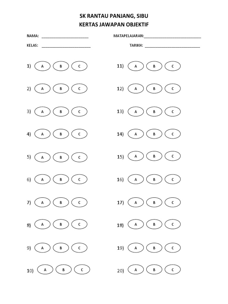 Kertas Jawapan Objektif TAHAP 1 | PDF