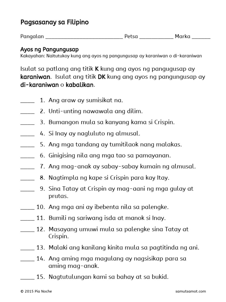 Worksheet - Ayos NG Pangungusap 1 | PDF Worksheet - Ayos NG Pangungusap 1 | PDF