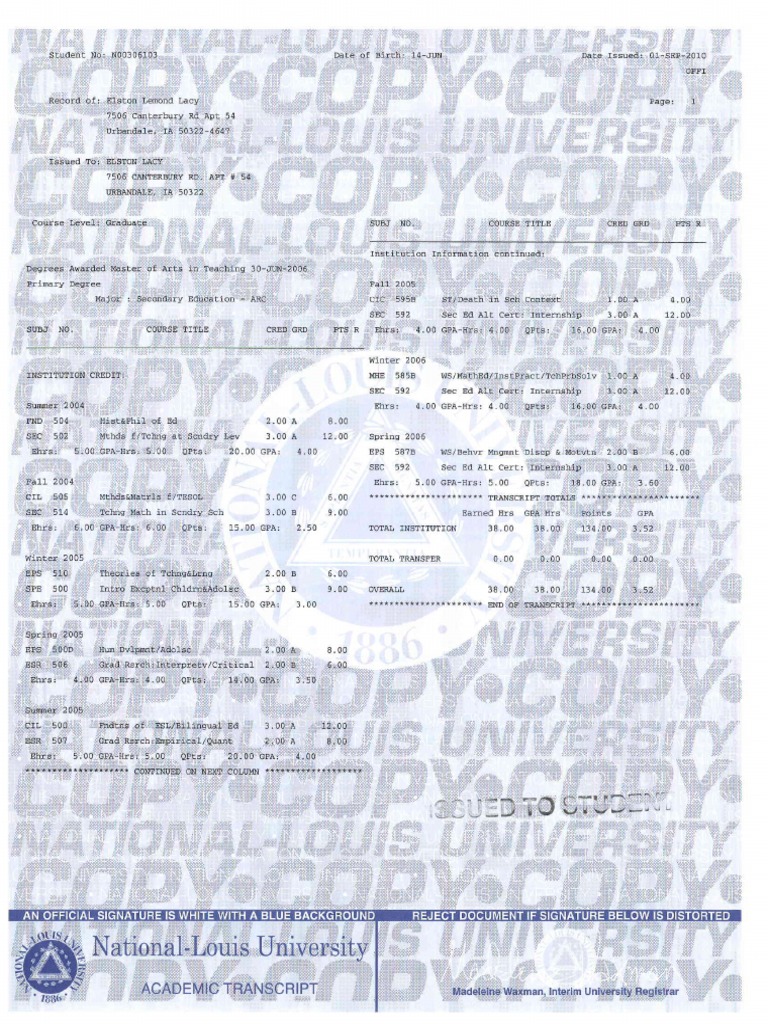Transcripts-National Louis University | PDF
