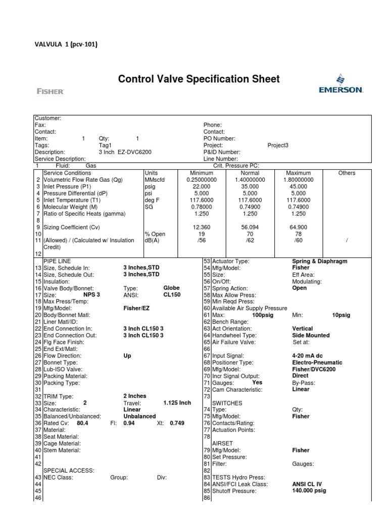 Control Valve Specification Sheet | PDF | Valve | Pressure