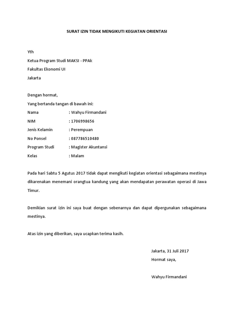Surat Izin Tidak Mengikuti Kegiatan Orientasi | PDF