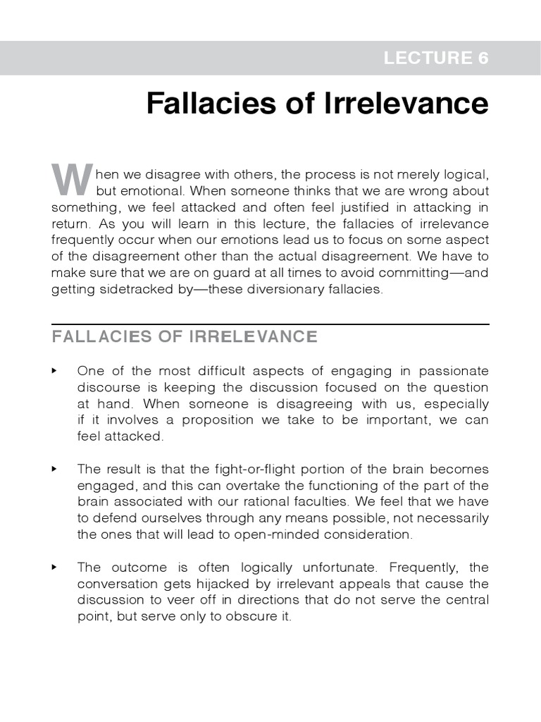 Topic 6 Fallacies of Irrelevance | PDF | Argument | Fallacy