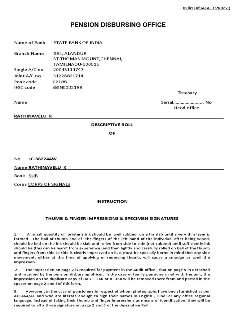 Pension Disbursing Office: Rathinavelu K Descriptive Roll OF | Download ...