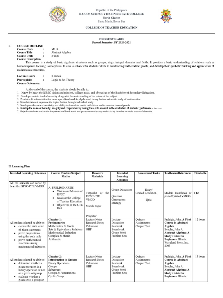 Abstract Algebra Syllabus | PDF | Group (Mathematics) | Ring (Mathematics)