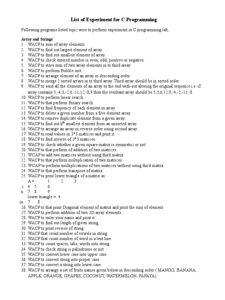 C Programming Experiment List Pdf Pointer Computer Programming