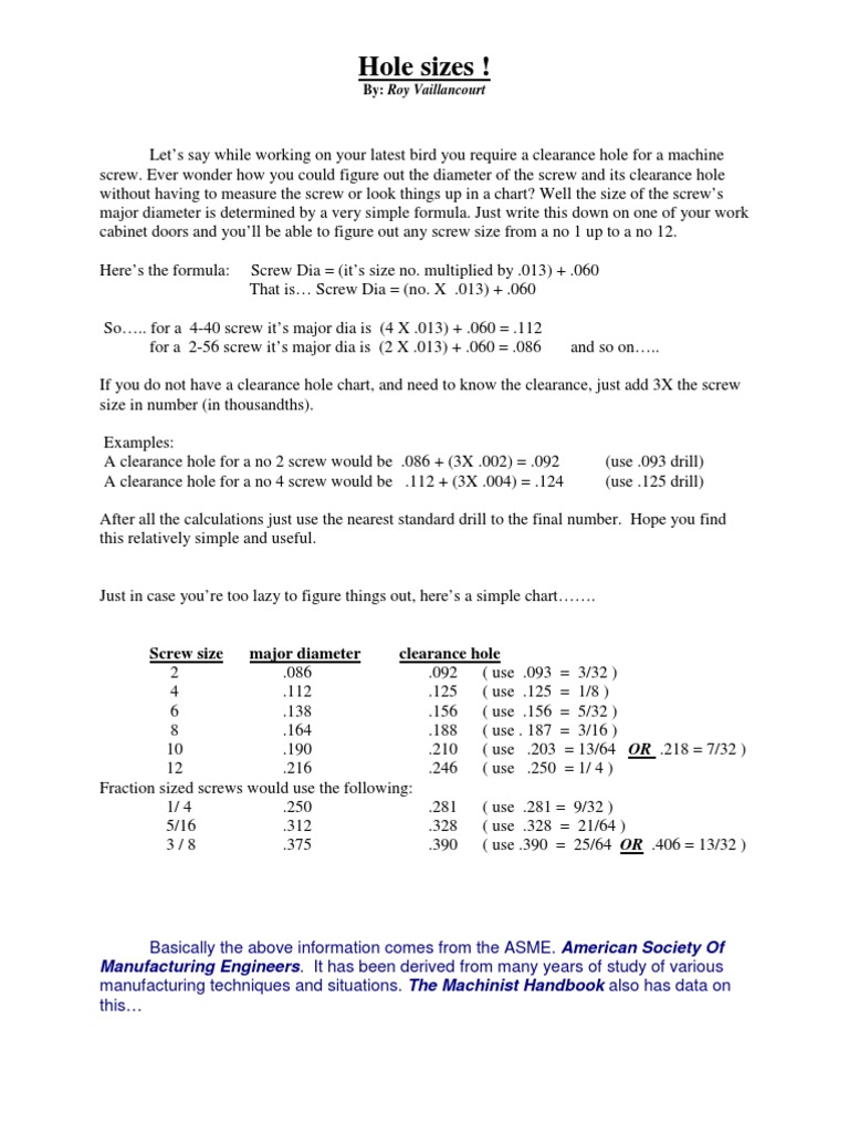 Screw Hole Size and Clearance Guide | PDF