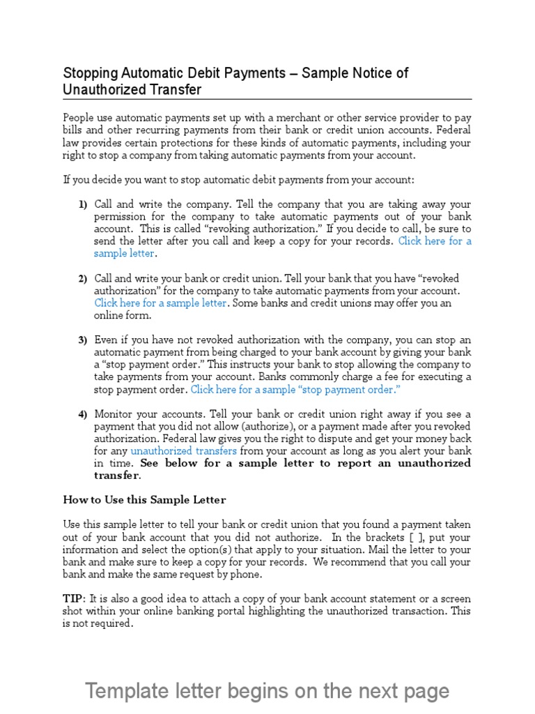 CFPB Sample Notice of Unauthorized Transfer | PDF | Payments | Debits ...