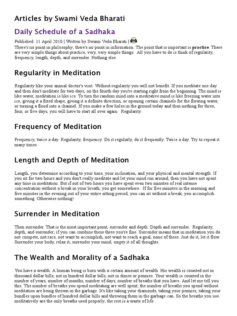 Daily Schedule of A Sadhaka - Swami Veda Bharati | PDF | Bathing ...