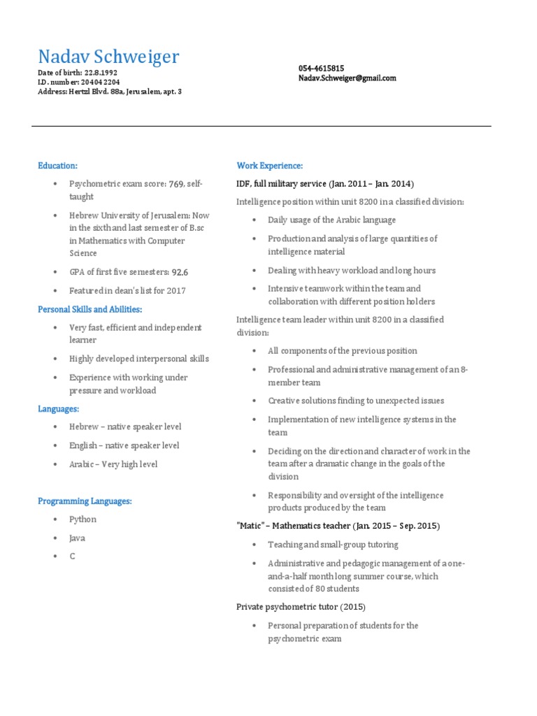 CV and Grades Sheet - Nadav Schweiger | PDF | Discrete Mathematics ...