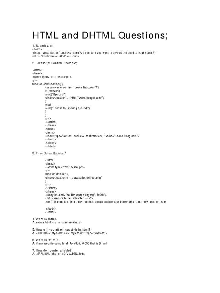 HTML and DHTML Questions | PDF | Cascading Style Sheets | Html Element