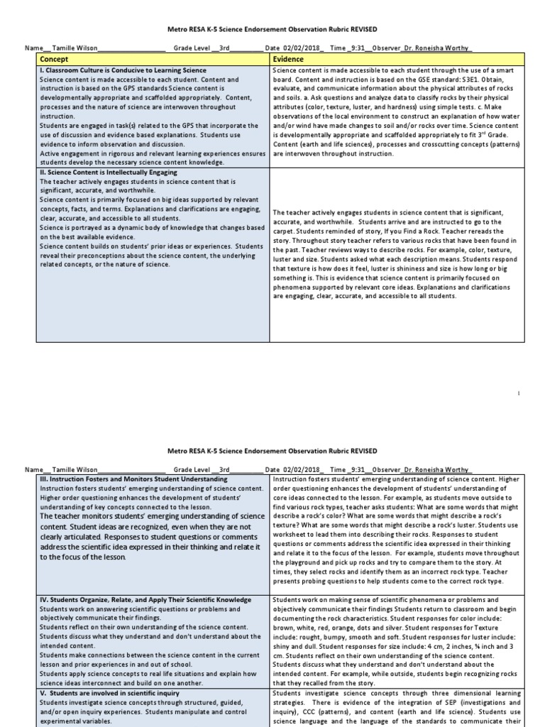 K-5 Science Teaching Evaluation | PDF | Question | Science