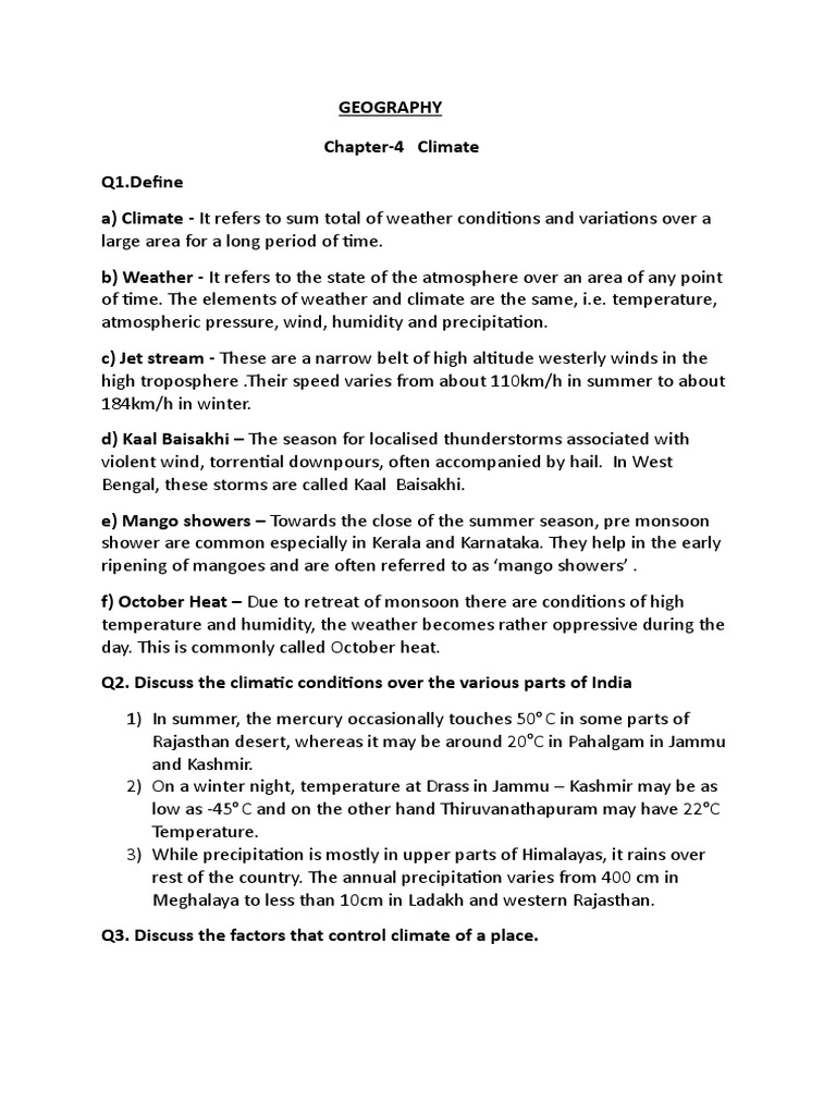 Ch 4 Climate Notes Pdf Monsoon Rain